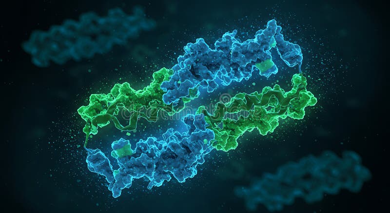 Molecular Structure Visualization with Green and Blue Glowing Protein ...