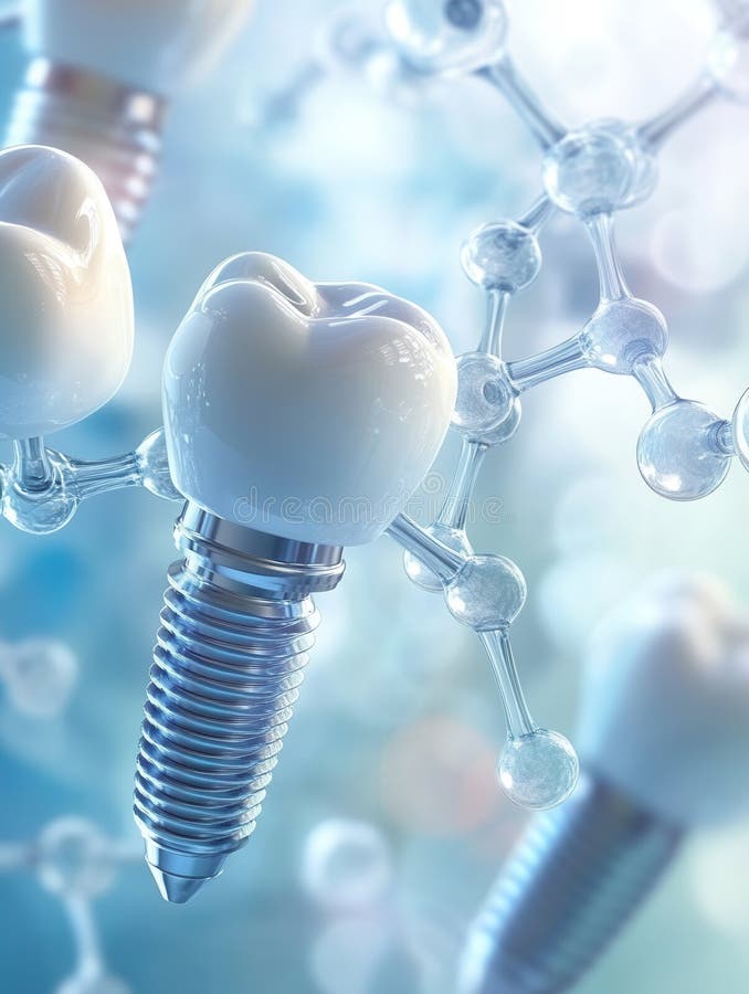 Floating Molecular Structures Depict Titanium Dental Implants in a ...