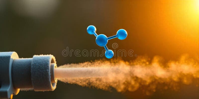 Molecule Being Emitted from Nozzle at Sunset while Mist Disperses into ...