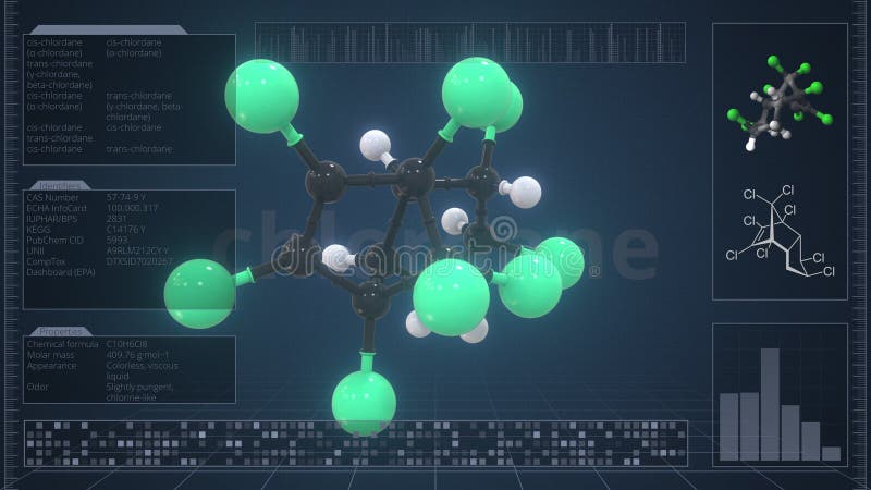 Molecule of Chlordane with Infographics on the Computer Monitor, 3d ...