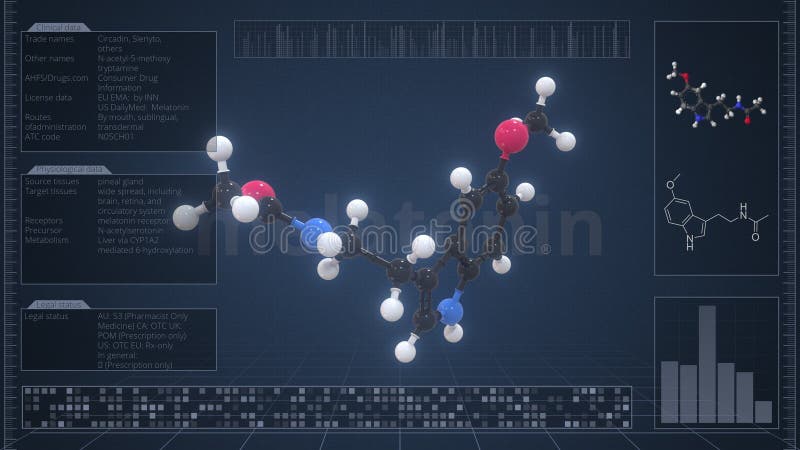 Molecule of Melatonin with Infographics on the Computer Monitor, 3d ...