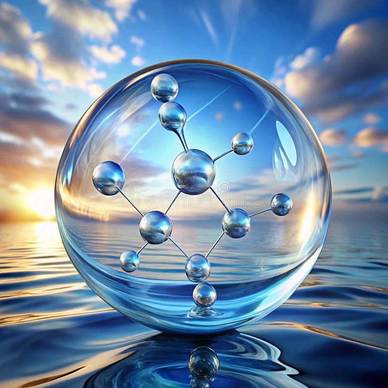 Molecule Model Inside a Glass Sphere Floating on Water at Sunset Stock ...