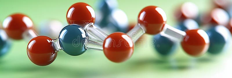 Molecule Model, Red and Blue Atoms, Bonds, Green Background Abstract ...