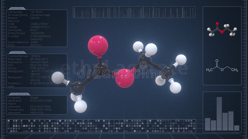 Molecule of Ethyl Acetate with Infographics on the Computer Monitor, 3d ...