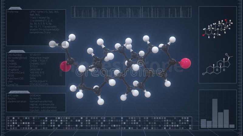 Molecule of Progesterone with Infographics on the Computer Monitor, 3d ...