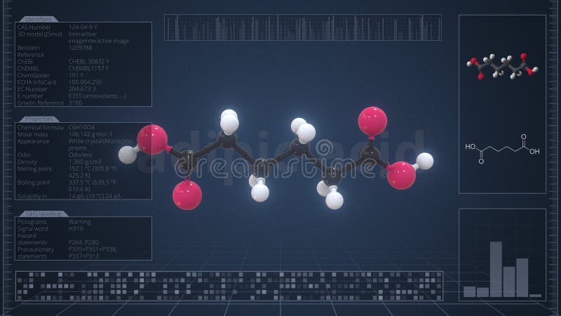 Overview of the Molecule of Adipic Acid on the Computer Screen. 3d ...