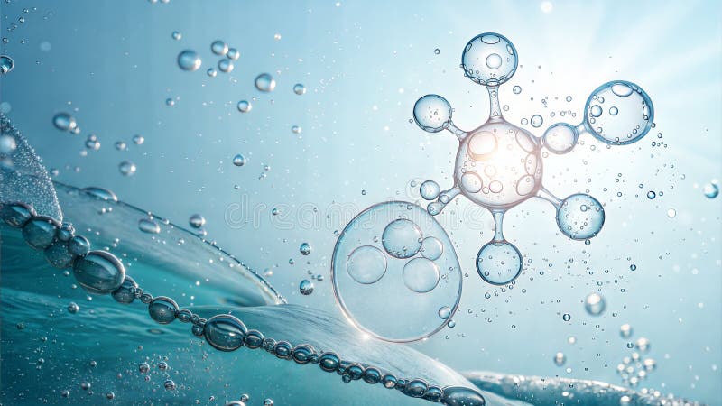 Molecule Structure with Water Bubbles and Particles on Clear Blue ...