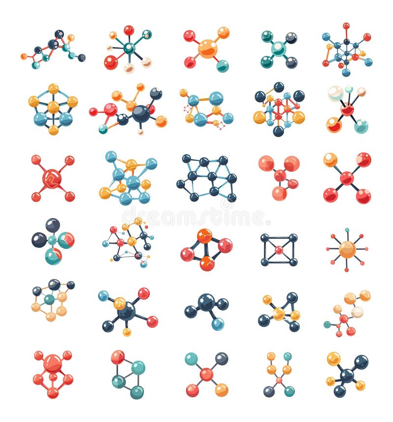 Molecules Cartoon Vector Set. Atoms Protons Neutrons Cell Connections ...
