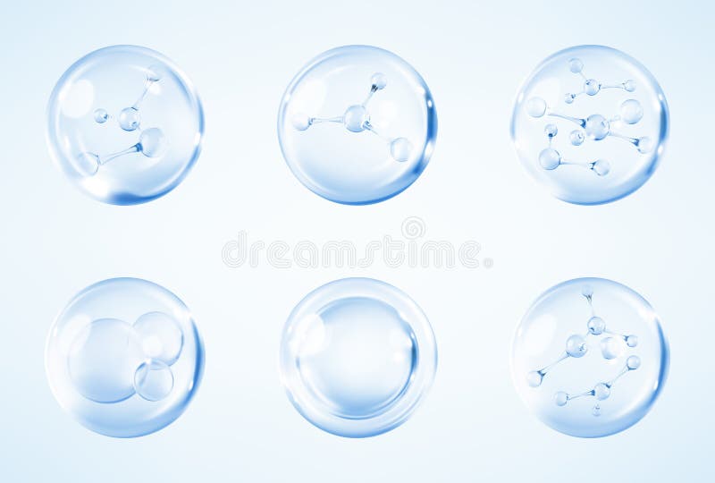 Molecules Inside Bubbles on Blue Background. Collagen Serum Bubble ...