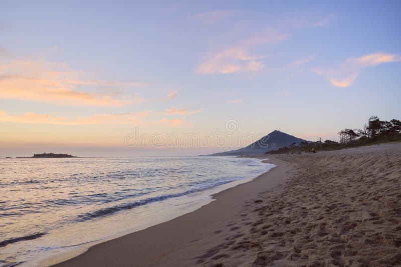 Moledo Beach at Sunset with Mount Trega on Background Stock Photo ...
