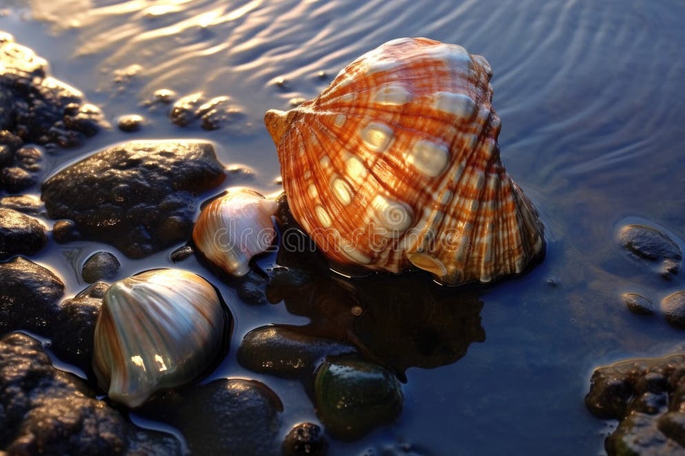 Mollusk Shell in Tide Pool Reflecting Sunlight Stock Photo - Image of ...