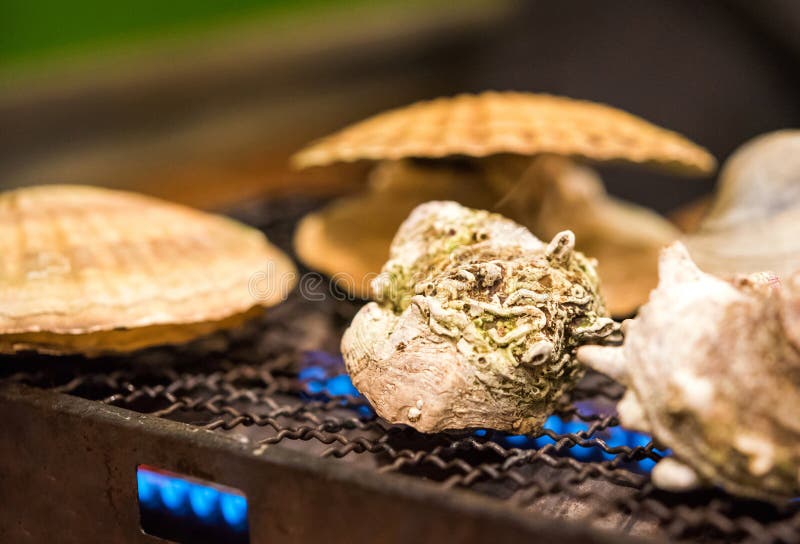 Mollusks are Cooked in a Cafe on Fire, Tokyo, Japan. Stock Photo ...