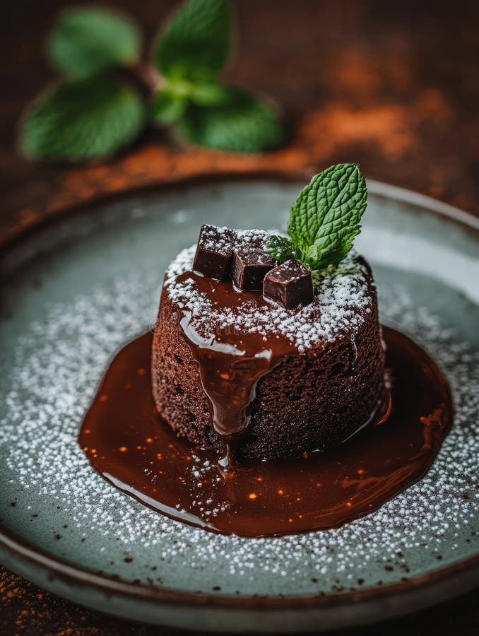 Molten Chocolate Cake with Mint Leaf on a Plate. Stock Photo - Image of sweet, dessert: 370826966