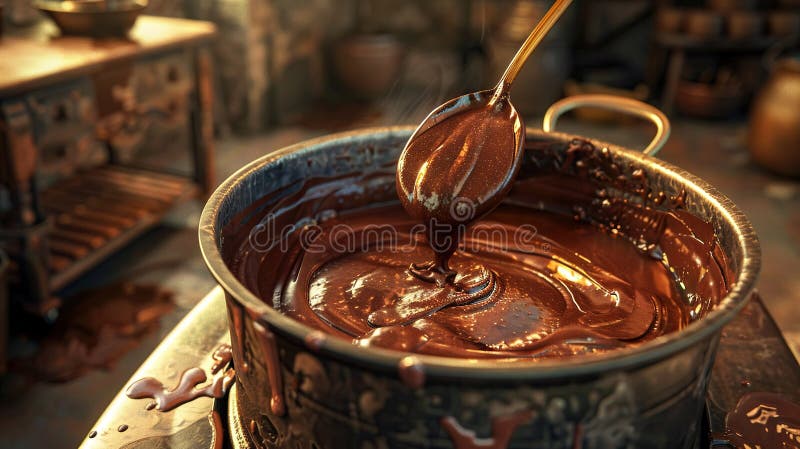 Molten Chocolate in Pot, Stirring Spoon, Rustic Kitchen, Eyelevel Angle ...