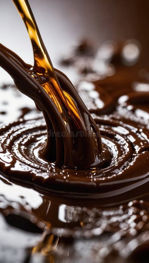 Molten Chocolate Pouring into a Vat with Hand Visible Creating Swirling ...