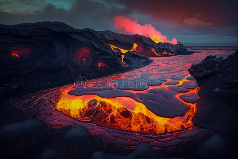 Molten Fiery Lava Flowing on a Beach into the Ocean, Generative AI ...