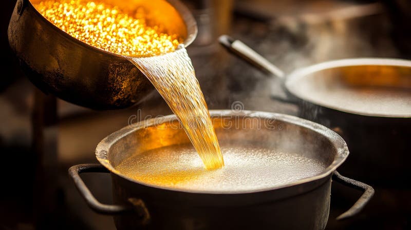 Molten Gold Flows from Pots into Molds, Demonstrating a High Level of Craftsmanship Stock Image ...