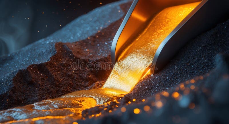 Molten Gold Poured into Iron Sand Cast with Orange Glow Stock Photo ...