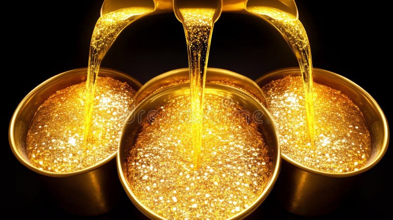 Molten Gold Pours from Three Pots into a Surface that is Dark and ...