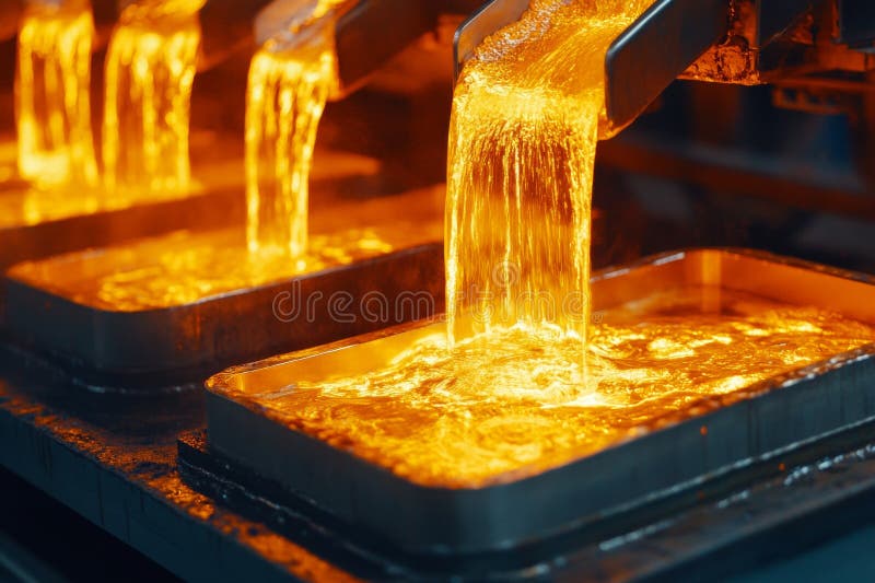 Molten Gold Streams from Troughs into Rectangular Molds, Showcasing the ...