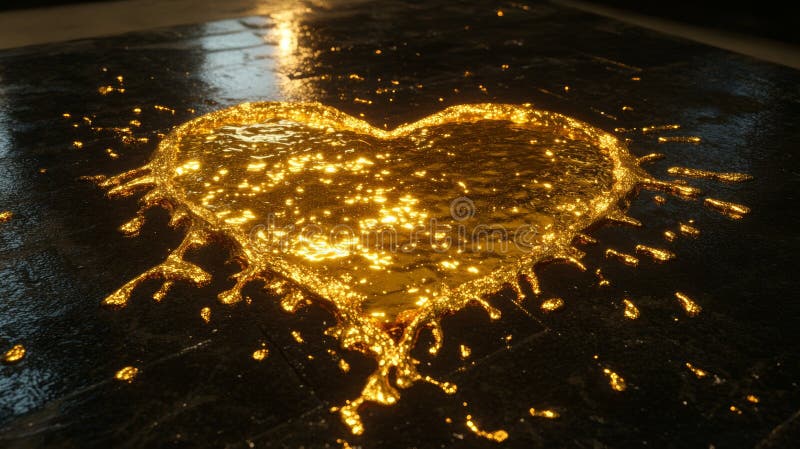 Molten Heart-shaped Pool of Liquid Gold Spreads Over a Dark Surface ...
