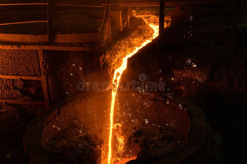 Molten Iron Flow. Liquid Metal is Poured into the Ladle in a Thin ...