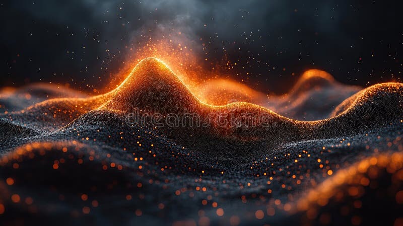 Molten Landscape with Fiery Peaks and Glowing Particles Stock ...