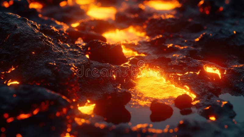 Molten Lava Cooling on Volcanic Rock Surface with Fiery Glow and ...
