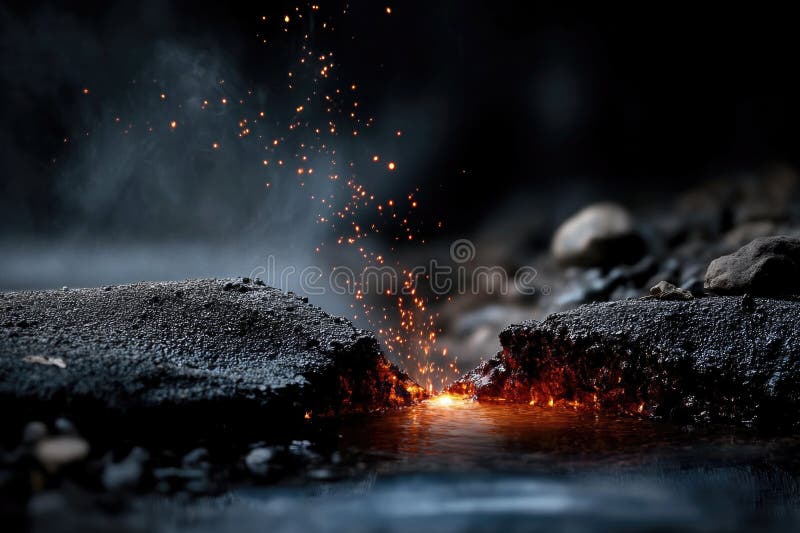Molten Lava Cracking through Surface with Sparks in Volcanic Eruption ...