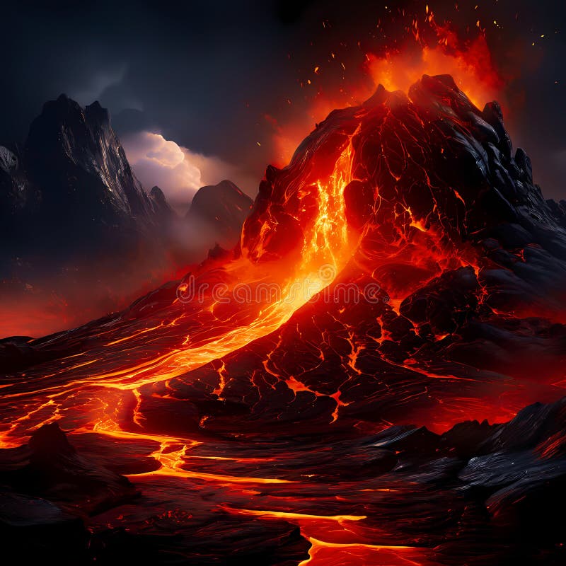 Molten Lava Eruption Flowing in the Volcanic Mountains Stock Photo ...