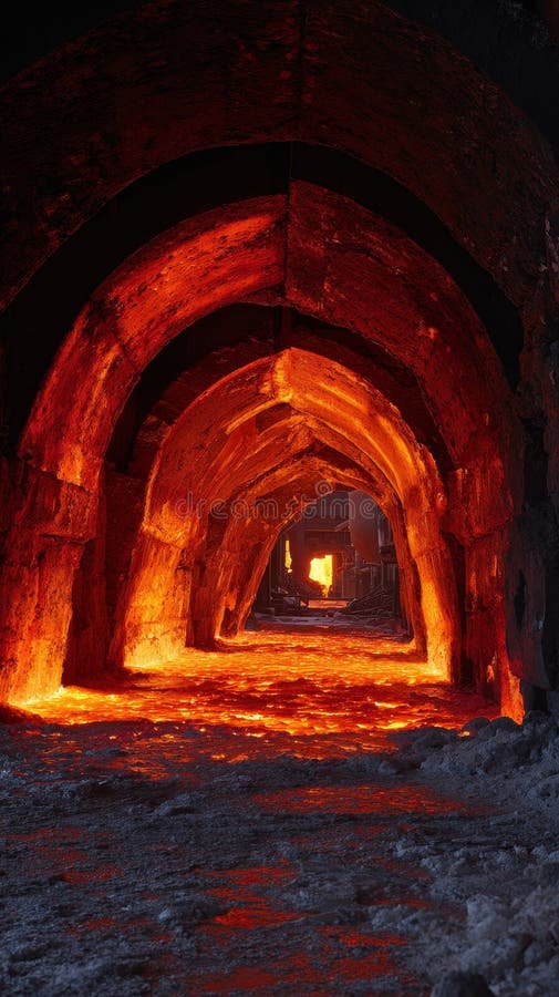 Molten Lava Flow through Arched Cave with Glowing Red Light Stock Photo ...