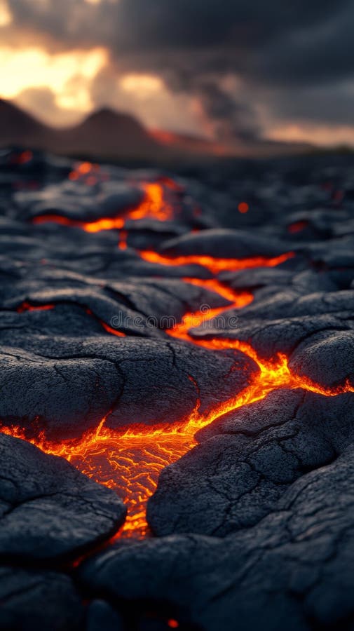 Molten Lava Flowing through Cracked Earth Under Dark Clouds. Geological ...