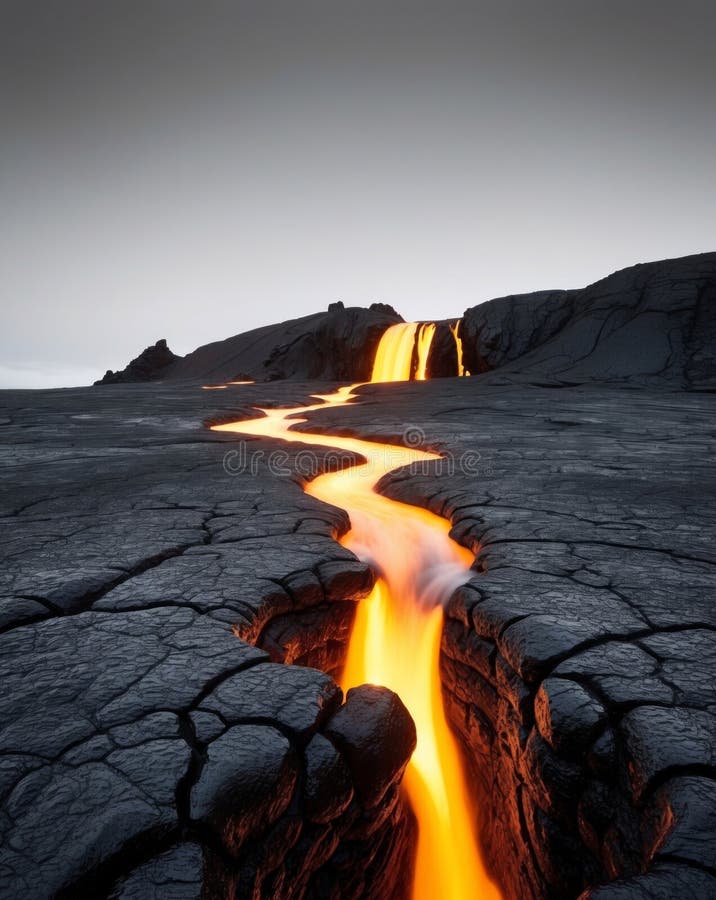Molten Lava Flowing through Cracks in Dark Volcanic Rock. Stock Photo ...