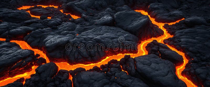 Molten Lava Flowing through Dark Rocks in a Volcanic Landscape Stock ...