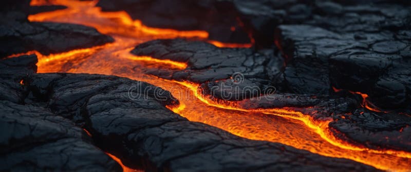 Molten Lava Flowing on Dark Volcanic Rock. Stock Image - Image of rock ...