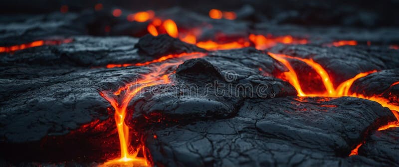 Molten Lava Flowing on Dark Volcanic Rock. Stock Image - Image of lava ...