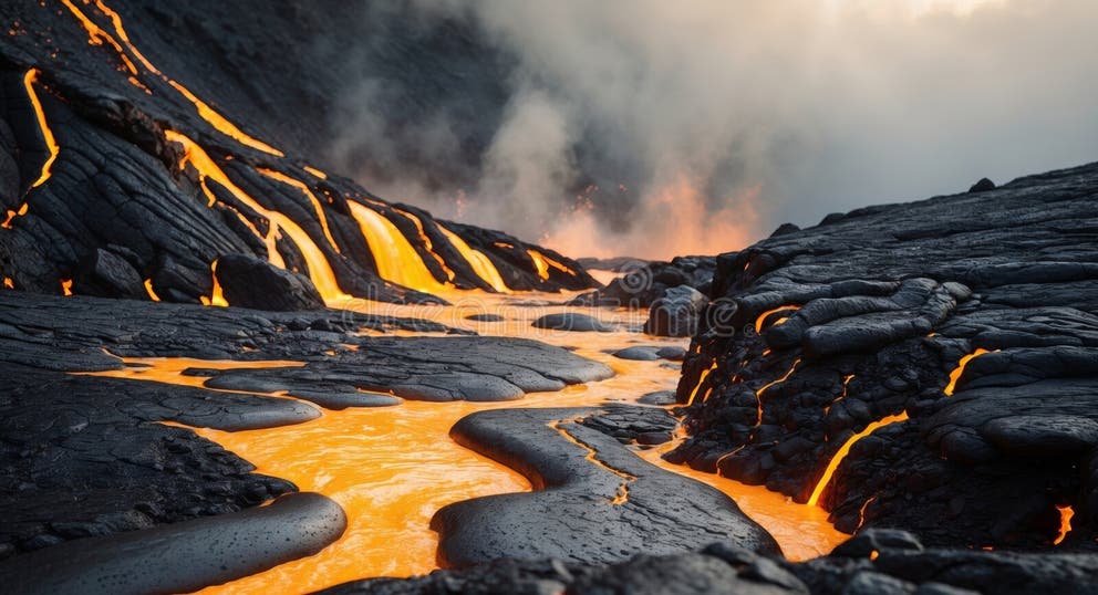 Molten Lava Flowing Down Volcanic Cliff Face Stock Image - Image of ...