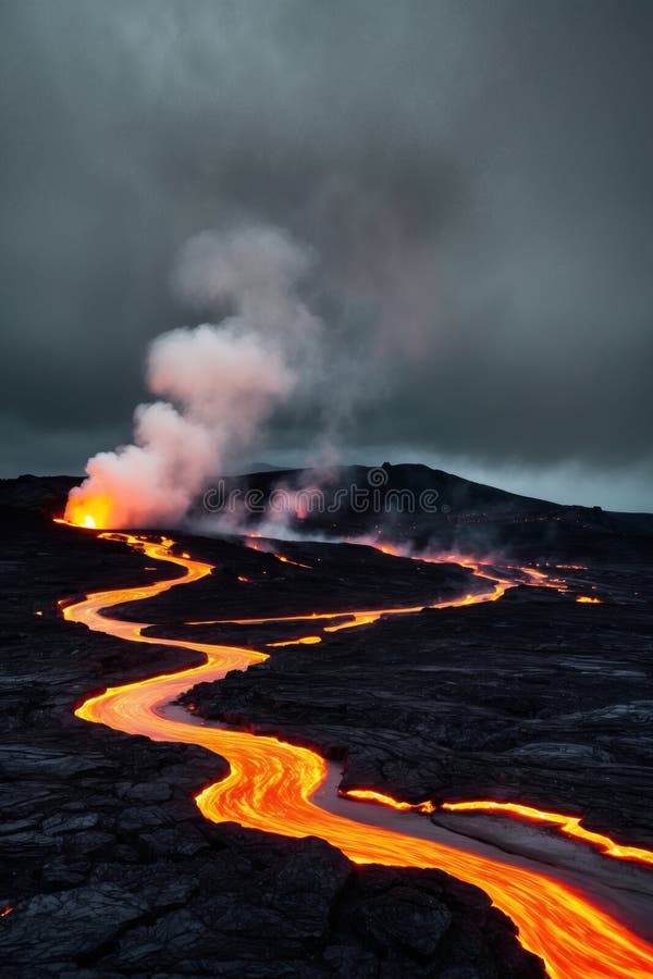 Molten Lava Flowing through a Field of Blackened Rock. Stock ...