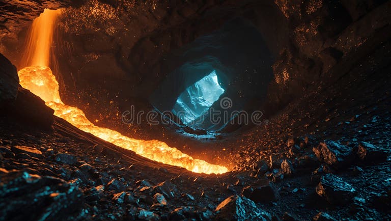 Molten Lava Flowing through Dark Volcanic Cave, Dramatic Underground ...