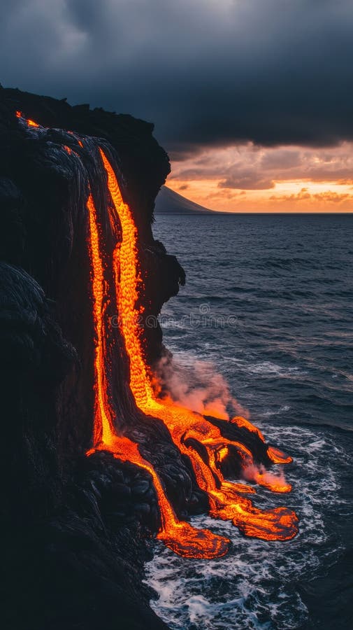 Molten Lava Flowing into Ocean at Sunset, Dramatic Scene. Nature S ...