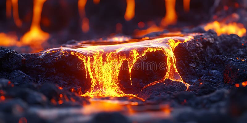 Molten Lava Flowing Over Dark Rocks: Volcanic Eruption Image Stock ...