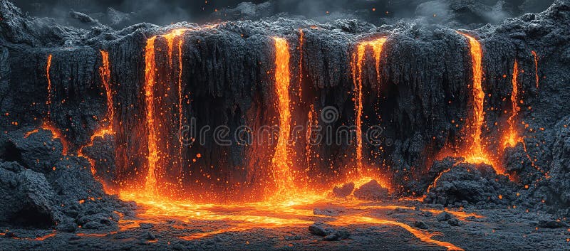 Molten Lava Flows Cascade Down a Rugged Volcanic Landscape during an ...
