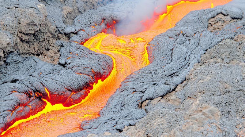 Molten Lava Flows through a Channel of Hardened Lava, Creating a ...
