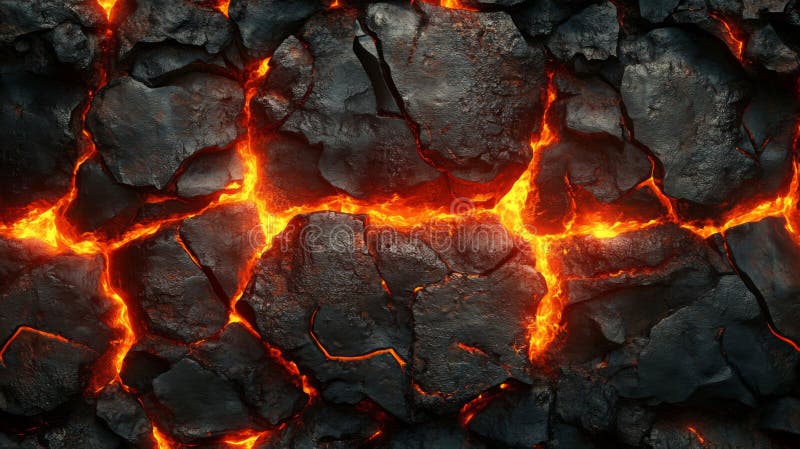 Molten Lava Flows through Cracked Dark Volcanic Rocks Stock ...