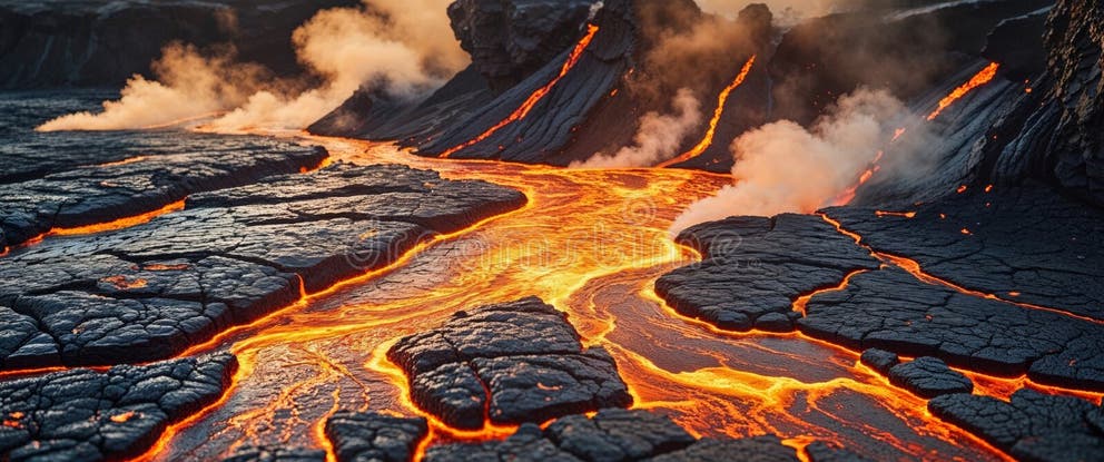Molten Lava Flows through Cracked Volcanic Rock Stock Photo - Image of ...