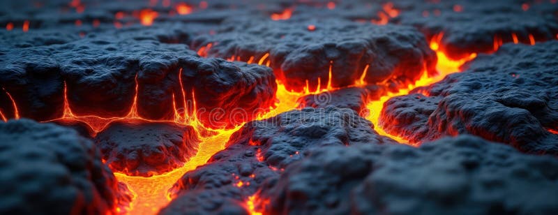 Molten Lava Flows between Dark Grey Rocks. Intense Heat, Fiery Liquid ...