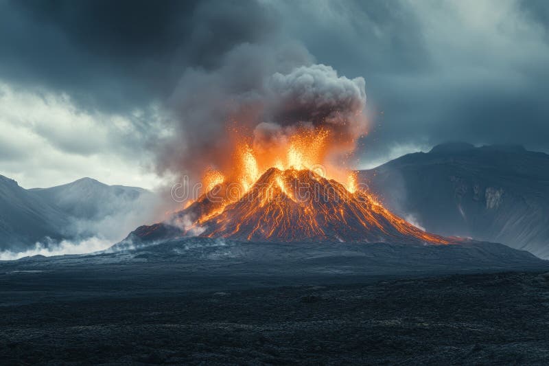 Molten Lava Flows Down Side Erupting Volcano Creating Dramatic Fiery ...