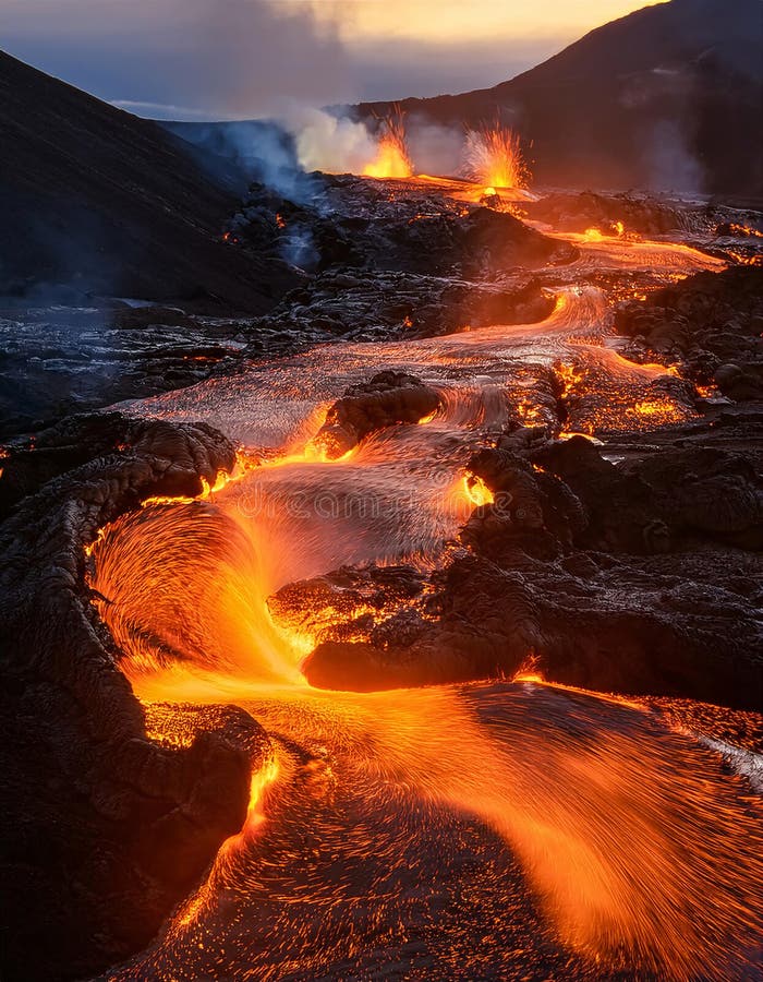 Molten Lava Flows through a Rugged Landscape, Casting an Orange Glow ...