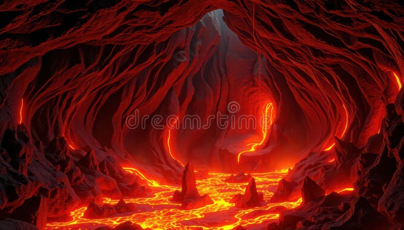 Molten Lava Flows through Vast Underground Cavern. Jagged Stone Walls ...