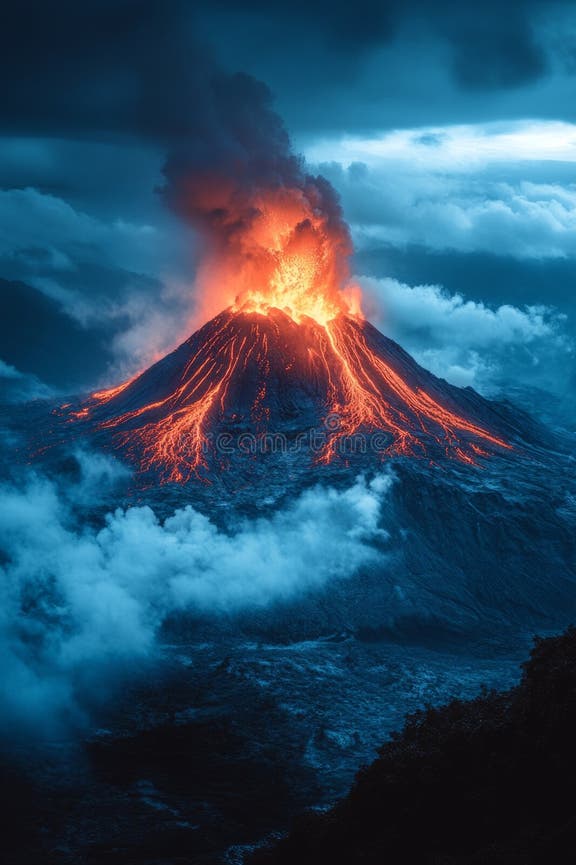 Molten Lava Flows from a Volcano Under a Dark, Cloudy Sky Stock Image ...